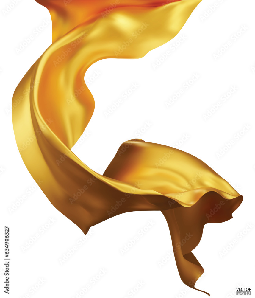 Flying gold silk textile fabric flag background. Smooth elegant golden ...