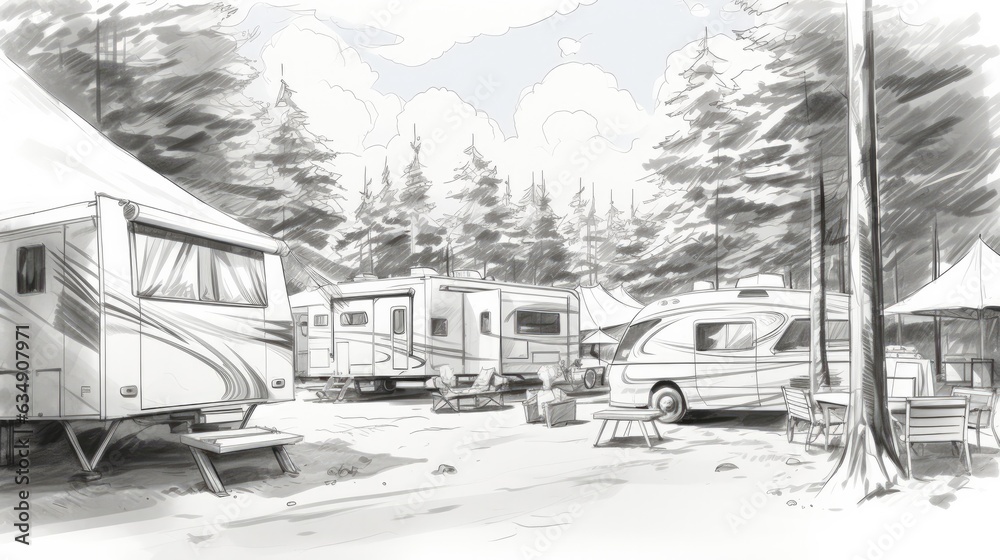 Crowded campground filled with RVs, vans and campers. Black and white ...