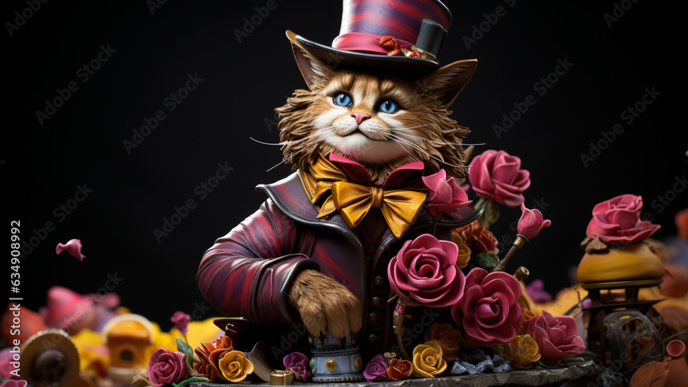 Willy Wonka and the cat factory. Cat in pint suit and yellow bowtie ...