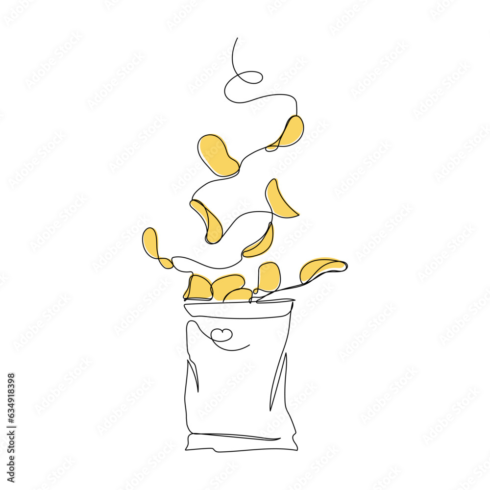 Continuous one line drawing of opened bag of potato chips. Simple ...
