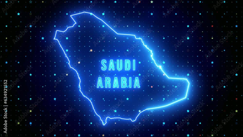 Futuristic Blue Shine Saudi Arabia Outline Map And Label Text Glowing ...