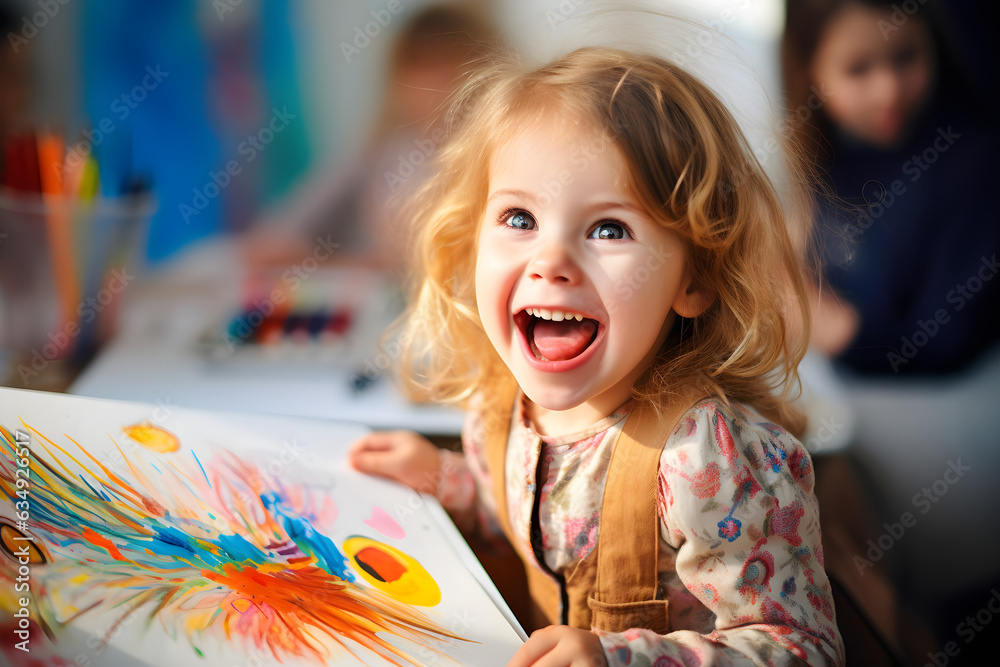 Excited little girl learns to draw with a colour pencil in an art class ...