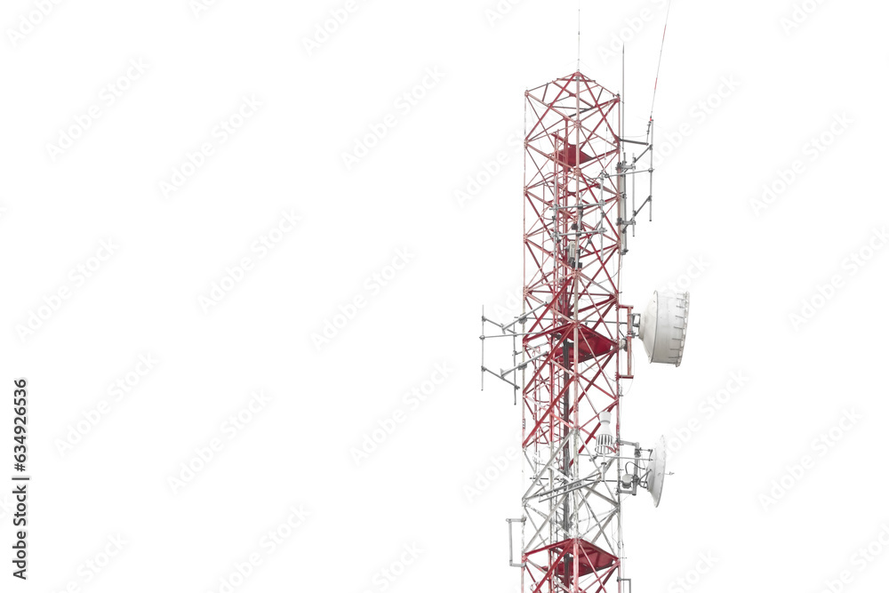 Telecommunication towers include of radio microwave and television antenna system with cloud ...