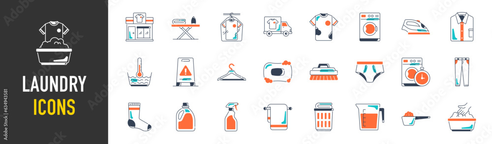 Set of laundry vector icons with of hand washing, dress, iron, washing powder for website and ...