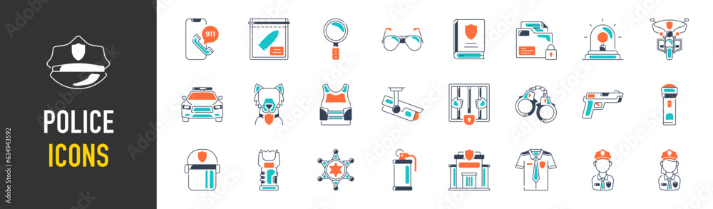 Police icon set. Vector illustration. Containing police van, police ...