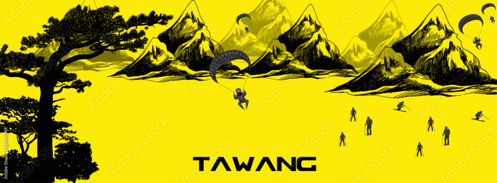 Tawang beautiful vector illustration. Tawang is a town and ...