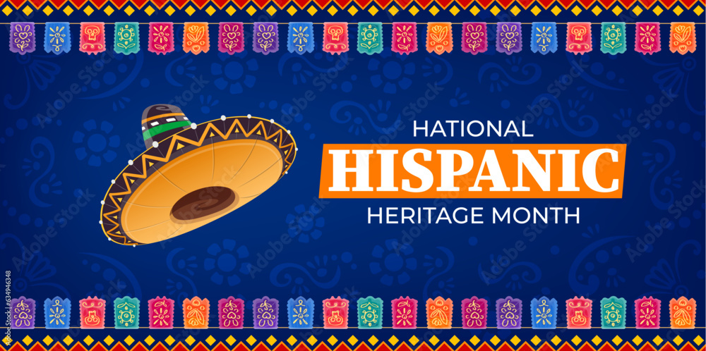 Papel picado flags and sombrero on national hispanic heritage month festival banner. Vector ...