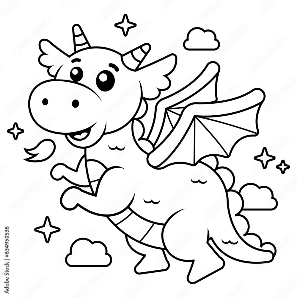 Cute dragon coloring page for kids, Cartoon vector dragon coloring page ...