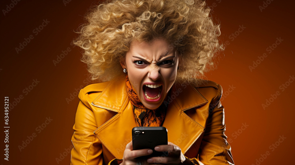 An enraged woman, clutching a cell phone in her hand, is captured in ...