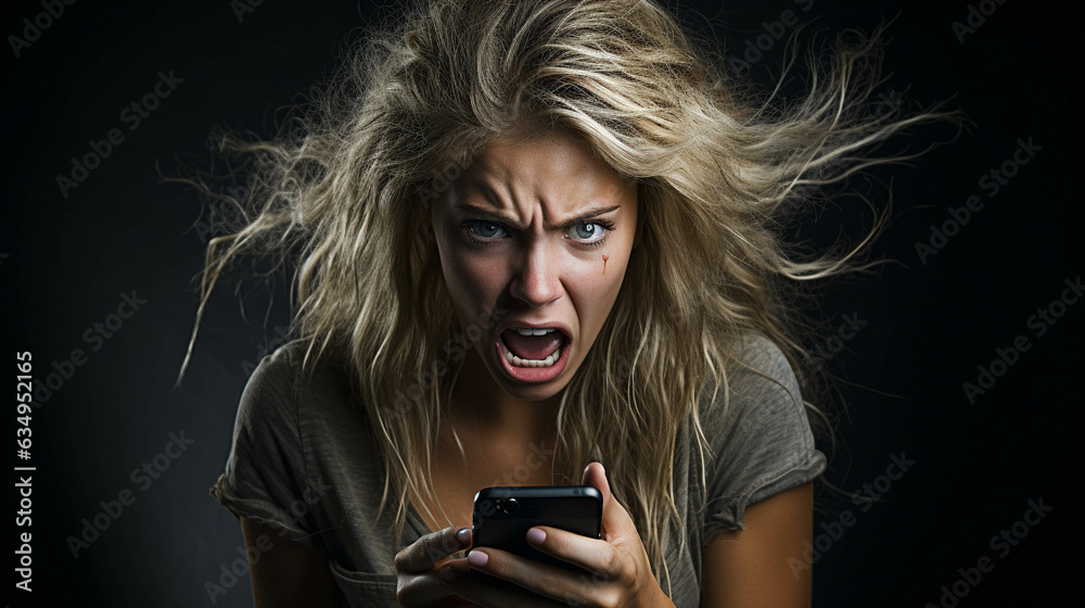 An enraged woman, clutching a cell phone in her hand, is captured in ...