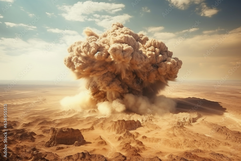 Nuclear explosion in the desert. Puffs of sand and ash against the sky ...