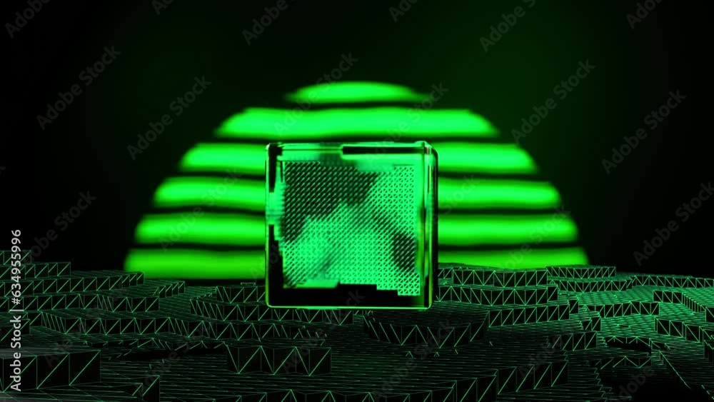 Seamless loop retro wave style rotating cube and grid. Abstract ...