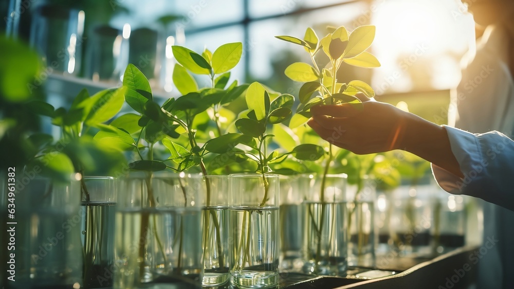 Lab assistant checking up seedling in glass flask with water Stock ...