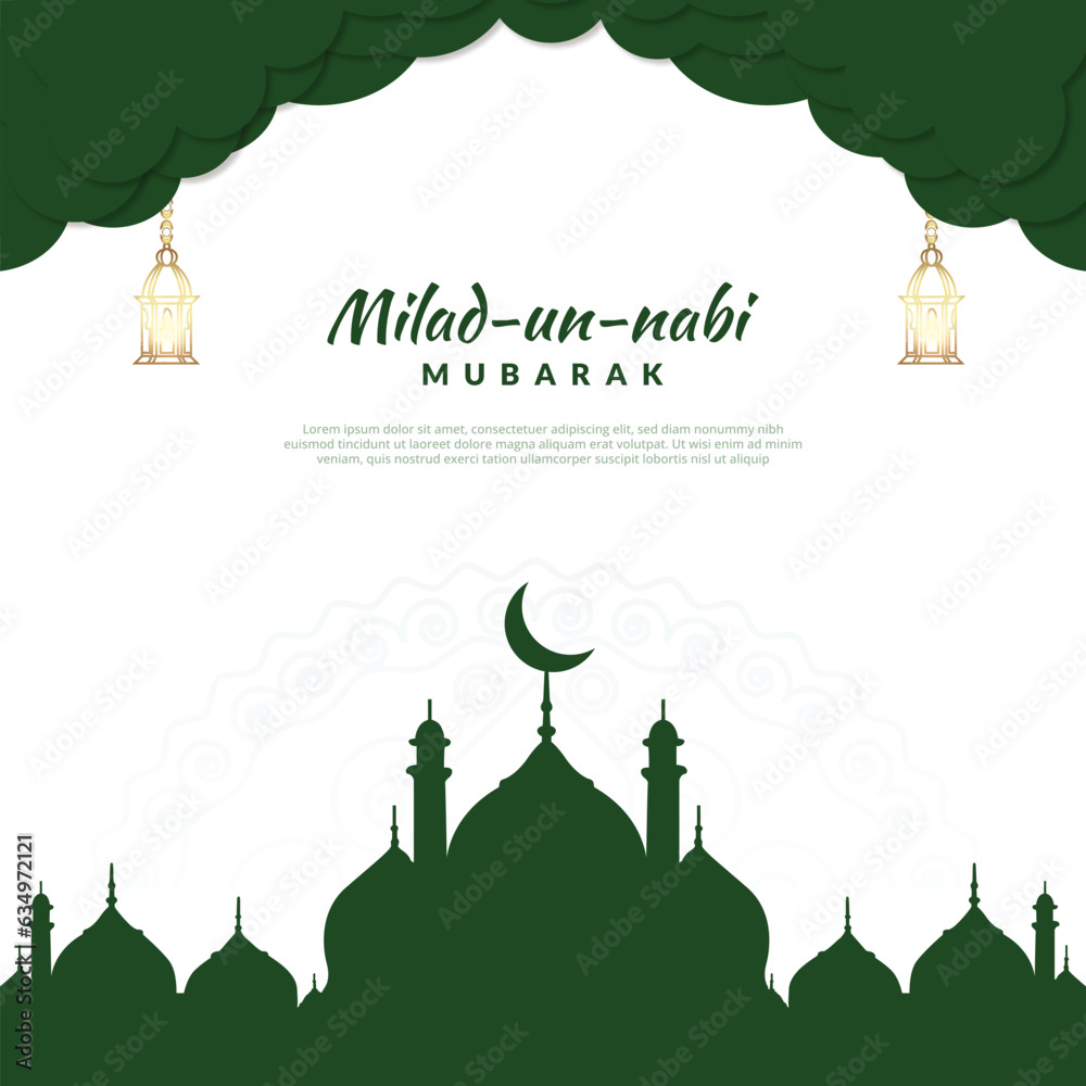 Vector beautiful green milad un nabi festival card design with mosque ...