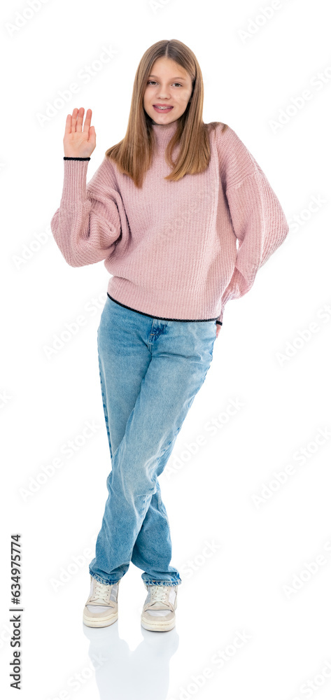 Full-length portrait of sociable cheerful friendly teenager waving ...