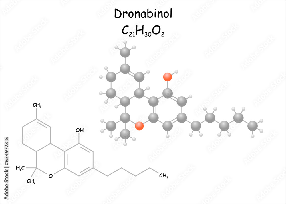 Dronabinol. Stylized molecule model and structural formula. Stock ...