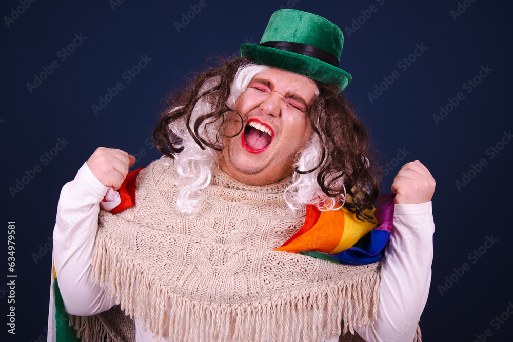 Healthy lifestyle. Funny drag queen is doing fitness and posing with ...