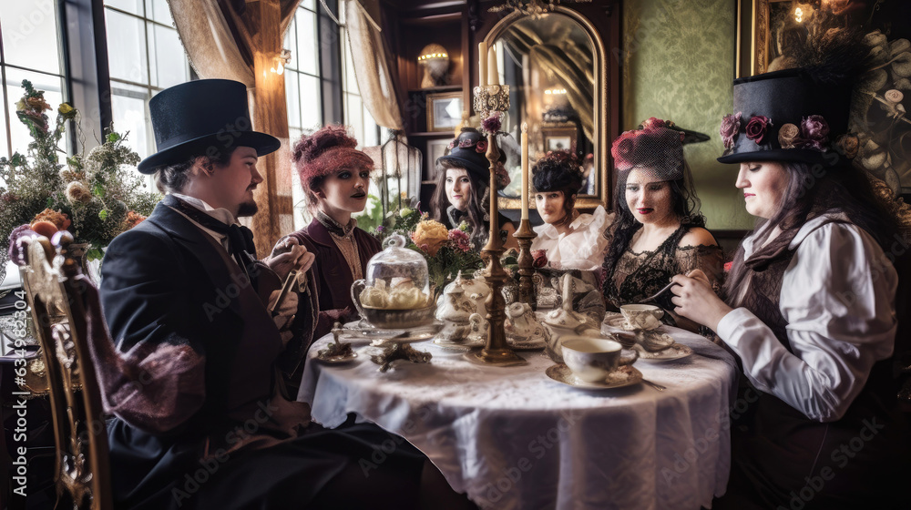 Steampunk tea party with eccentric guests in vintage room Stock Photo ...