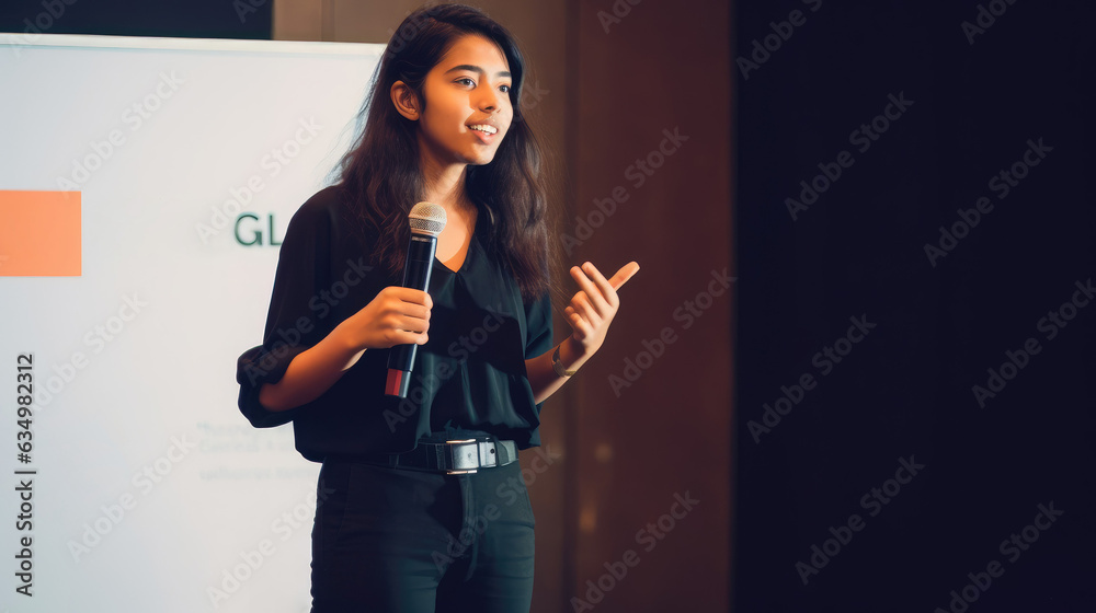 Young entrepreneur pitching ideas at business conference Stock Photo ...