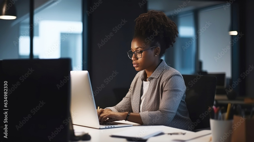 Black woman using laptop computer at desk in modern office Stock Photo ...