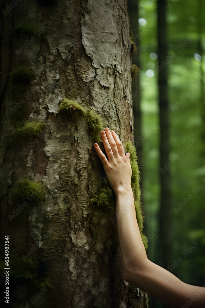 A hand gently touches a tree in a tranquil forest setting. This simple ...