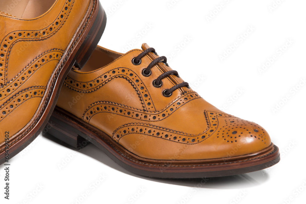 Extreme Closeup of Brogue Derby Shoes of Calf Leather with Rubber Sole ...