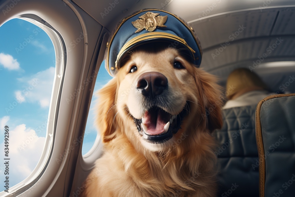 excited golden retriever dog dressed as a pilot sitting in a cockpit ...