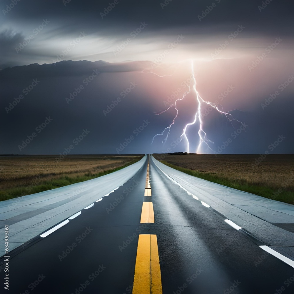 Thunderous dark sky with black clouds and flashing lightning. Panoramic ...