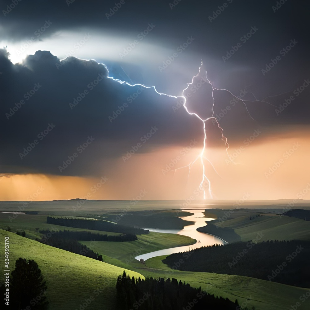 Thunderous dark sky with black clouds and flashing lightning. Panoramic view. Concept on the ...