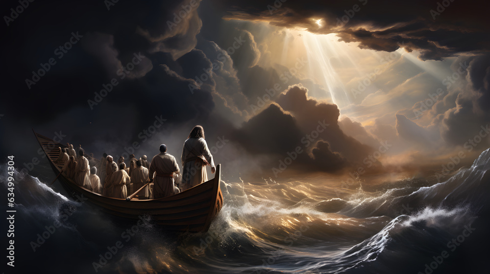 Jesus Christ on the boat calms the storm at sea. Stock Photo | Adobe Stock