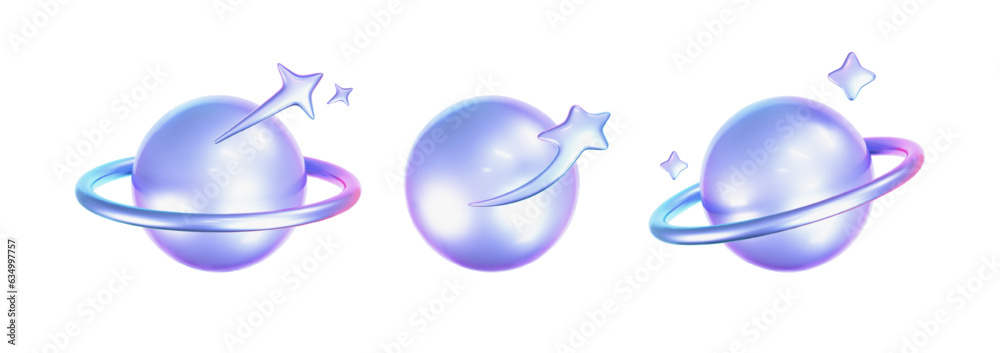 3d holographic stars and planets set in y2k, futuristic style on white ...