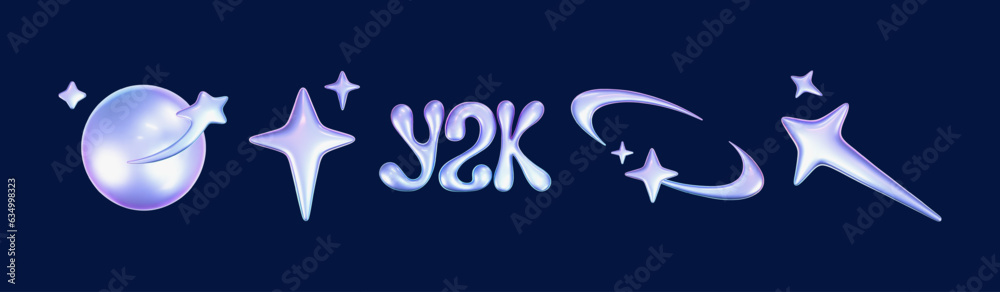 3d holographic stars and planets set in y2k, futuristic style on dark ...