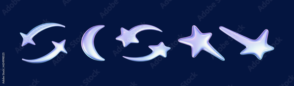 3d holographic stars set in y2k futuristic style isolated on dark ...