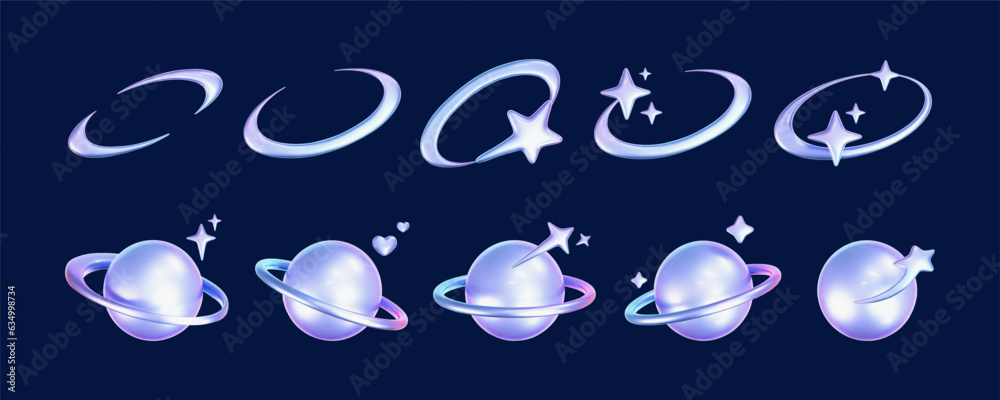 3d holographic stars and planets set in y2k, futuristic style on dark ...