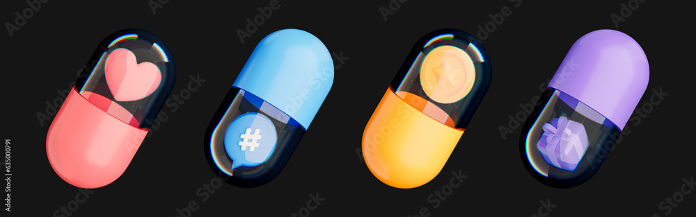 3D Set of 4 holographic futuristic capsule pills with heart, hashtag ...