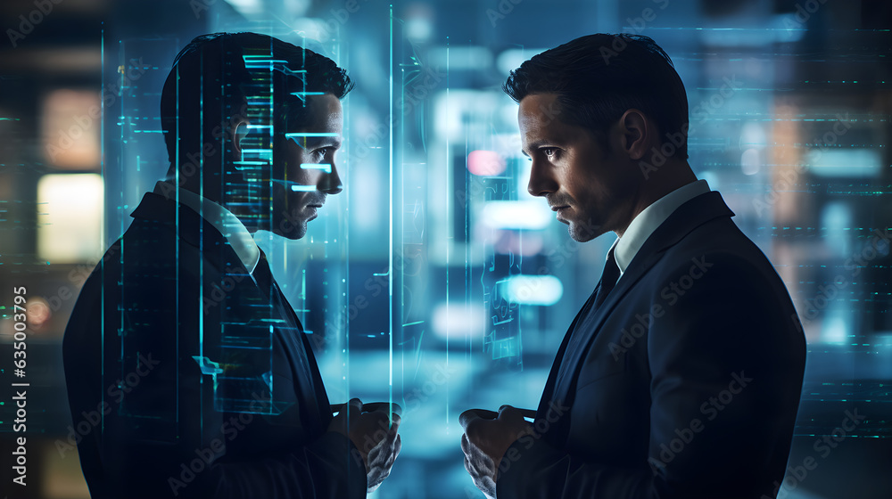 Create a captivating scene featuring two businessmen engaged in ...