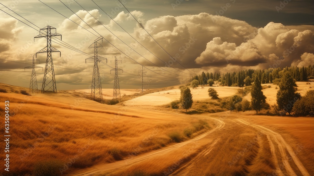 Power lines stretching across a rural landscape, conveying the ...