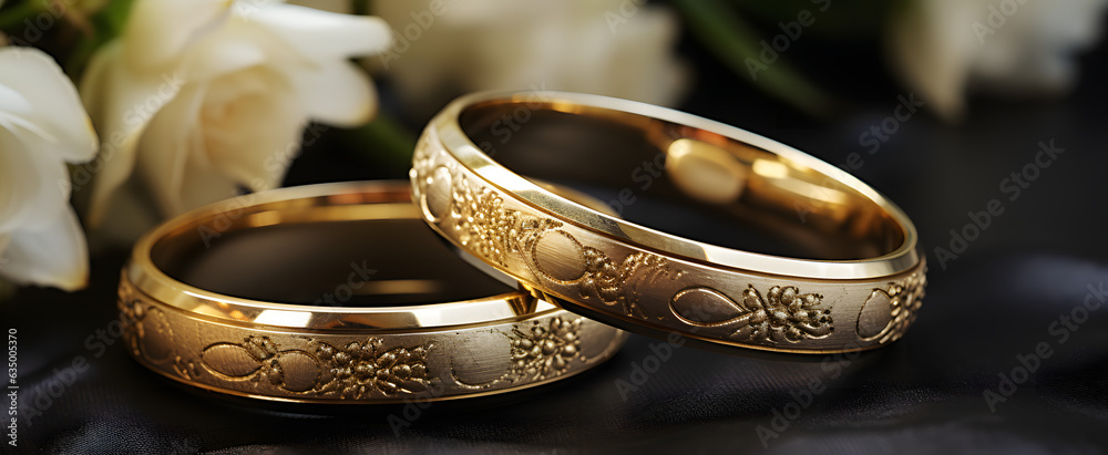 A close-up captures the intricate details of gold wedding rings. The ...