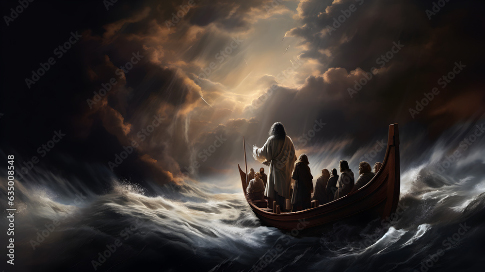 Jesus Christ on the boat calms the storm at sea. Stock Photo | Adobe Stock