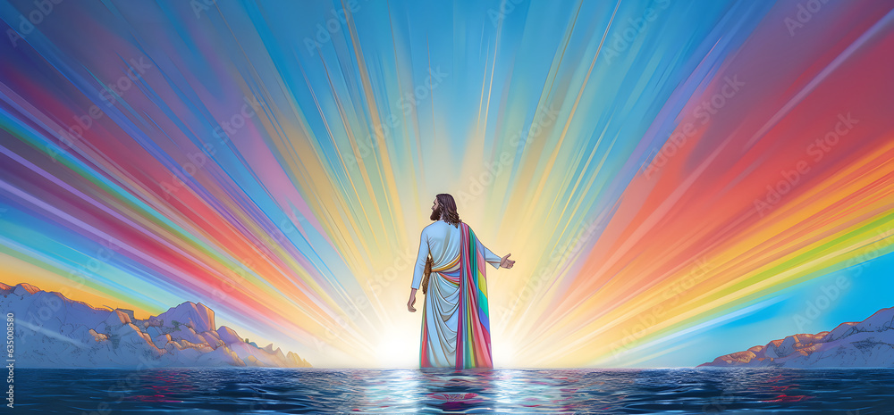 Jesus Christ walking on water at the sea. with colors of rainbow. Stock ...