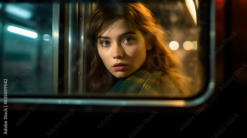 Portrait of young woman looking out train window. Beautiful young woman ...