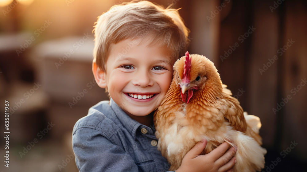 little child with chicken, Rhode Island Red chicken. Stock Photo ...