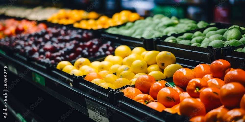 A colorful array of fresh fruits and vegetables in a bustling grocery ...