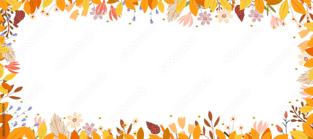 Autumn leaves and flower border on white background,Fall season banner ...