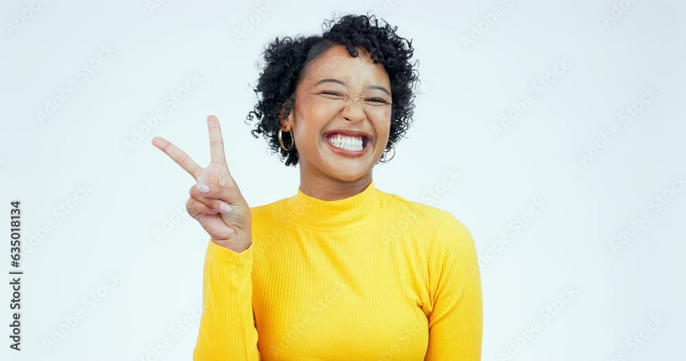Face, excited and woman with peace sign, funny and feedback on a white ...