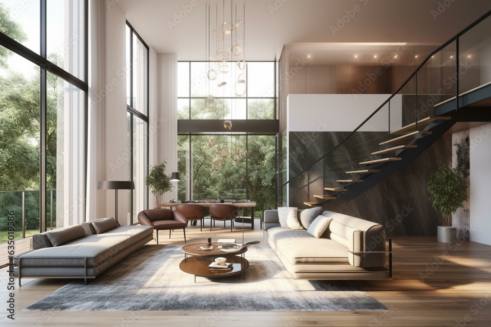Modern two-story open-concept interior, featuring a decorative fountain ...