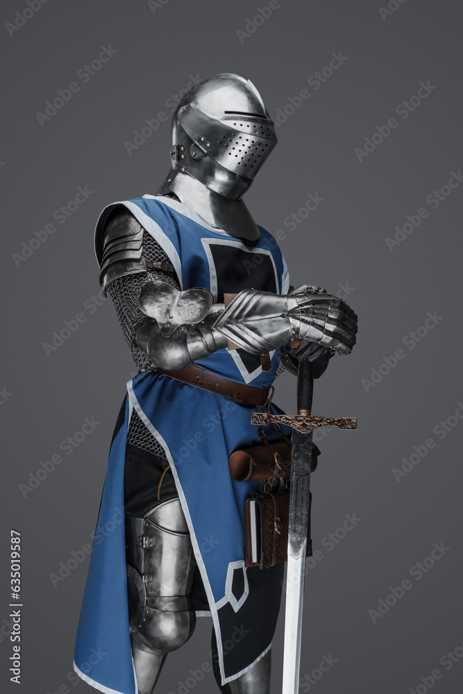 A medieval soldier garbed in blue surcoat and armor holding a sword ...