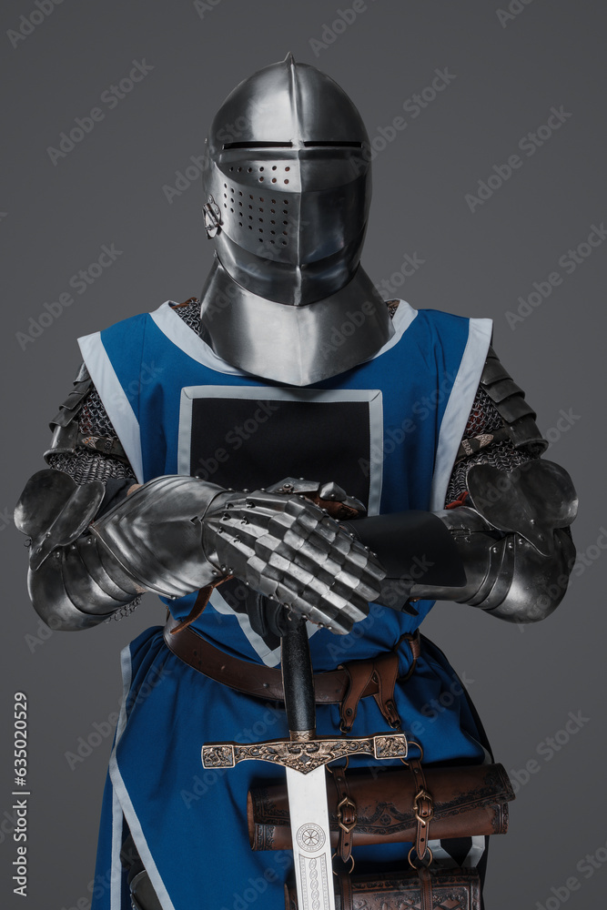 Medieval guard dressed in armor and blue surcoat holding a sword ...