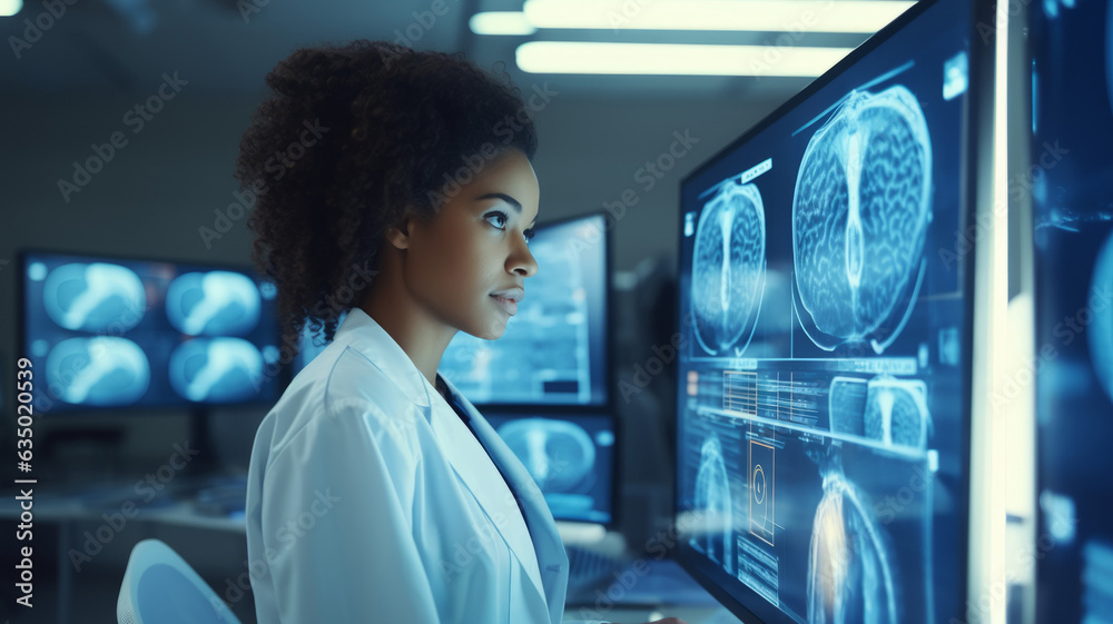 Female Neurologist, Neuroscientist, Neurosurgeon, Looks at TV Screen ...