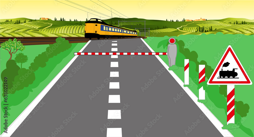 Barrière de passage à niveau baissée, panneau chemin de fer et balises ...